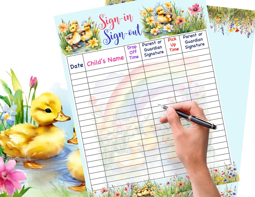 Sign in and Sign Out Baby Ducks Flowers Form for Daycare, School ...
