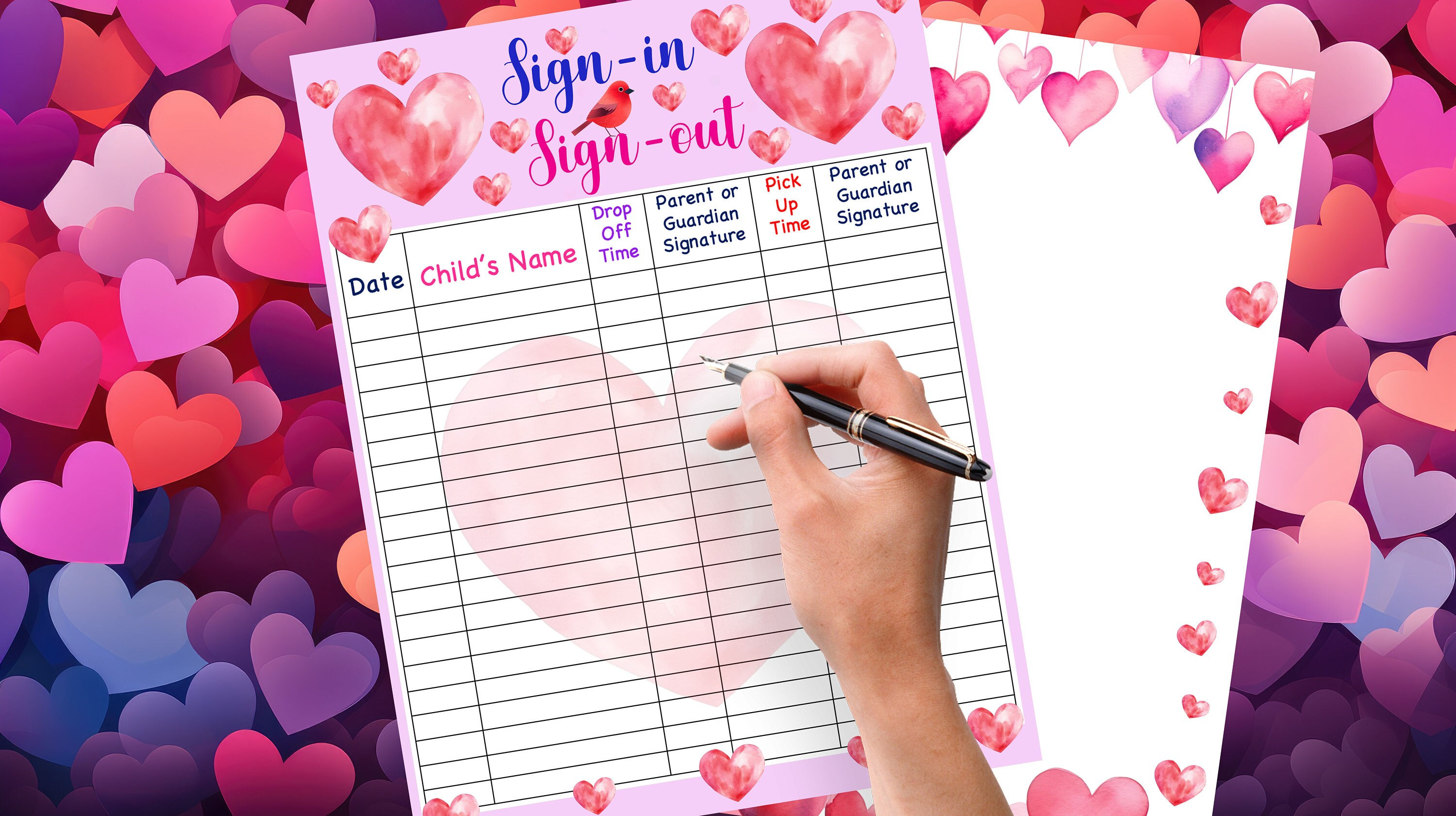 LOVE Hearts Sign in and Sign Out Form Bonus Sheet for Daycare, School ...
