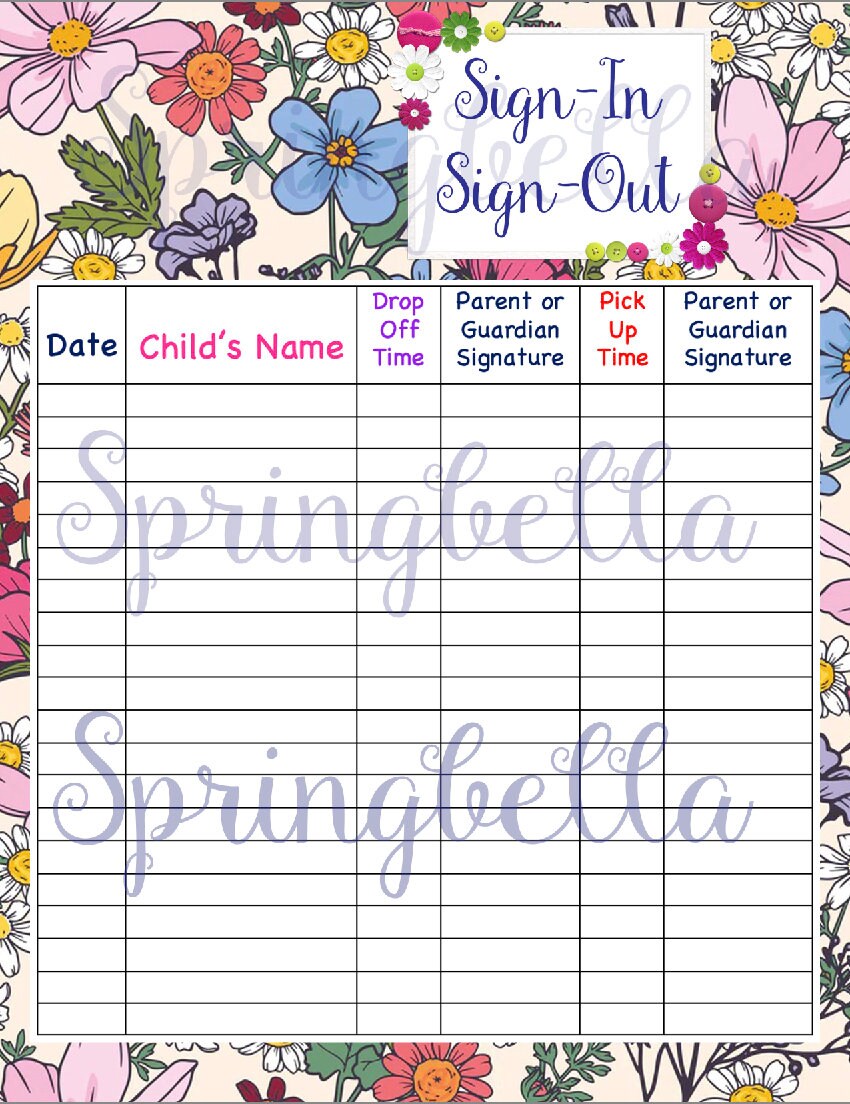 Sign in and Sign Out Form for Daycare, School, Childcare, Home Daycare ...