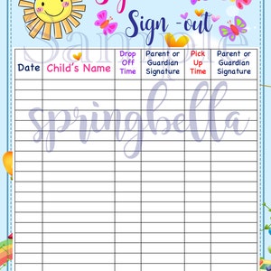 Daycare Sign In/out Sheet: Colorful Childcare Form (PDF/PNG) Digital ...