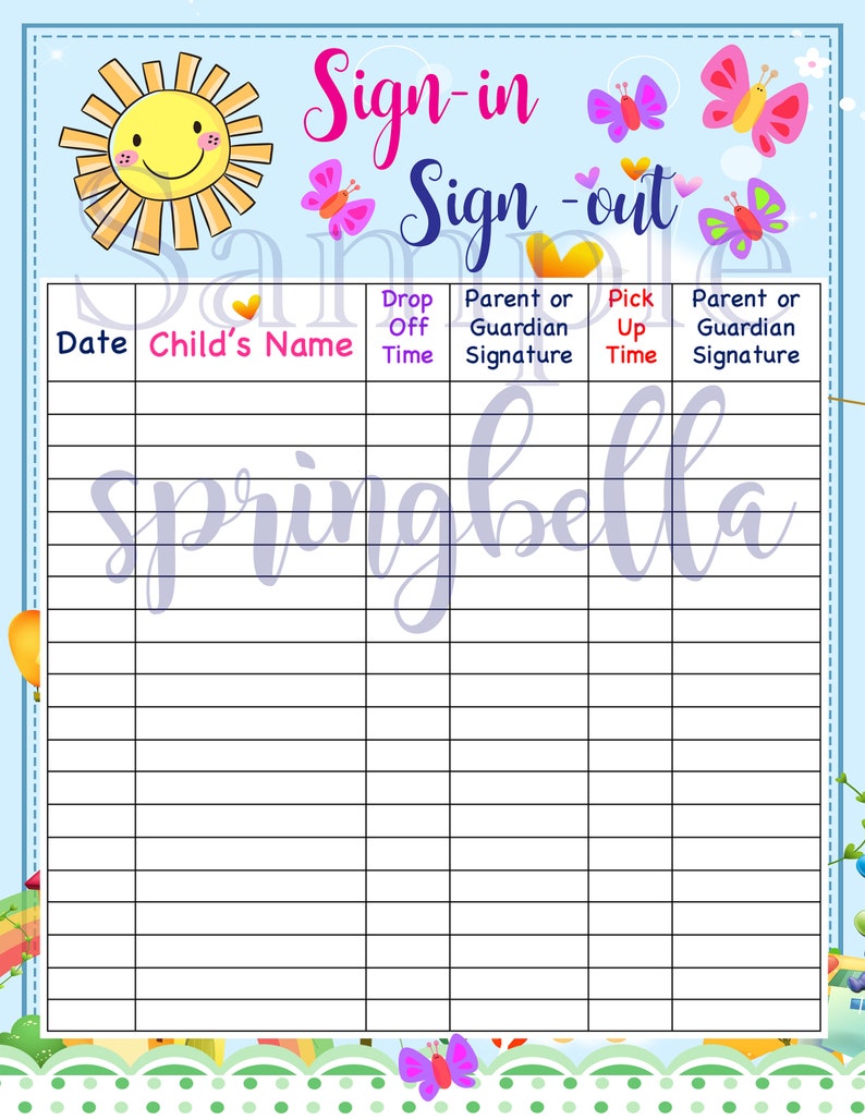 Daycare Sign In/out Sheet: Colorful Childcare Form (PDF/PNG) Digital ...