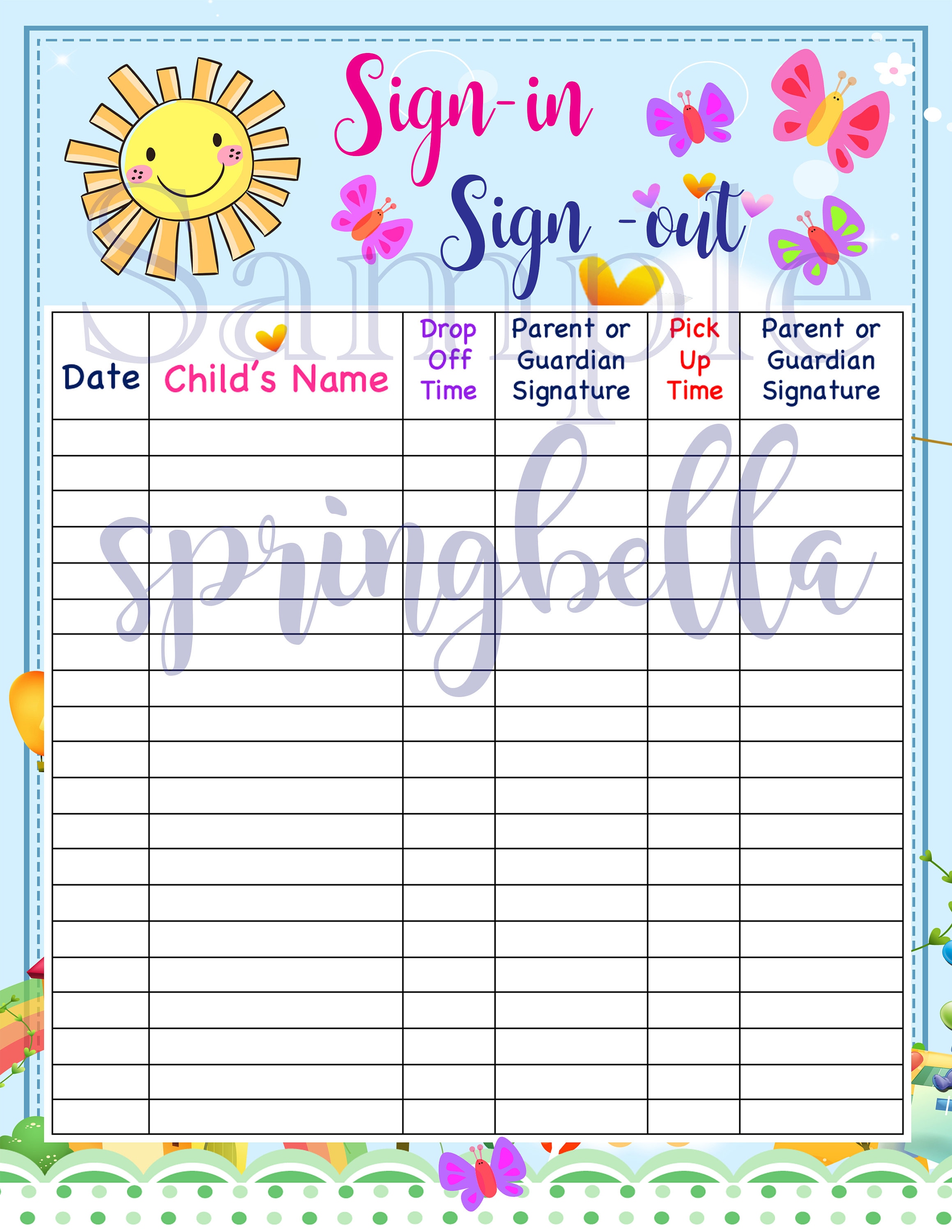 Daycare Sign In/out Sheet: Colorful Childcare Form (PDF/PNG) Digital ...