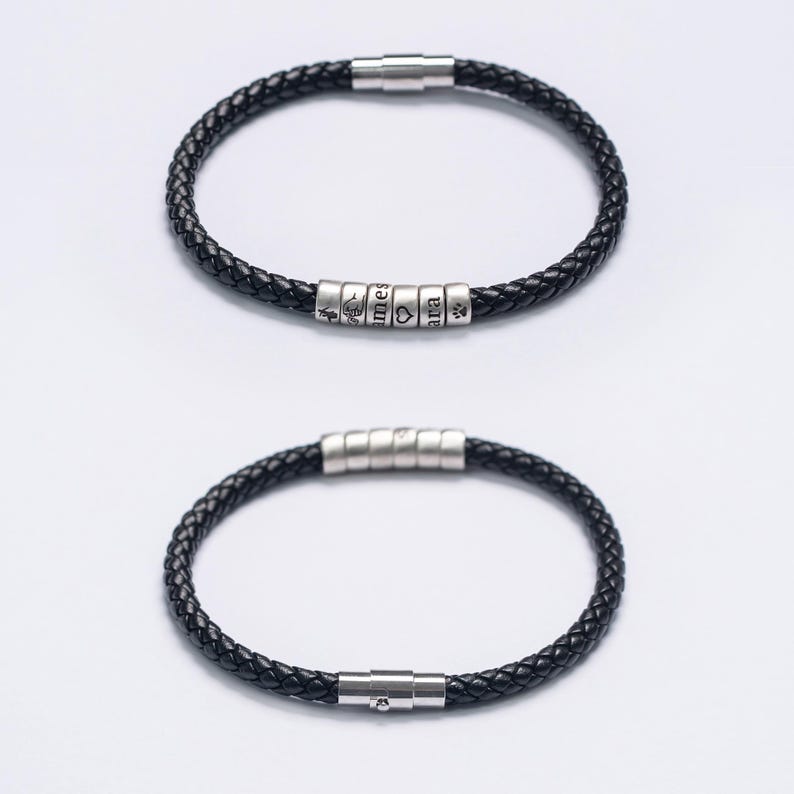 Personalized Leather Bracelet: Sterling Silver Beads, Custom Engraving ...