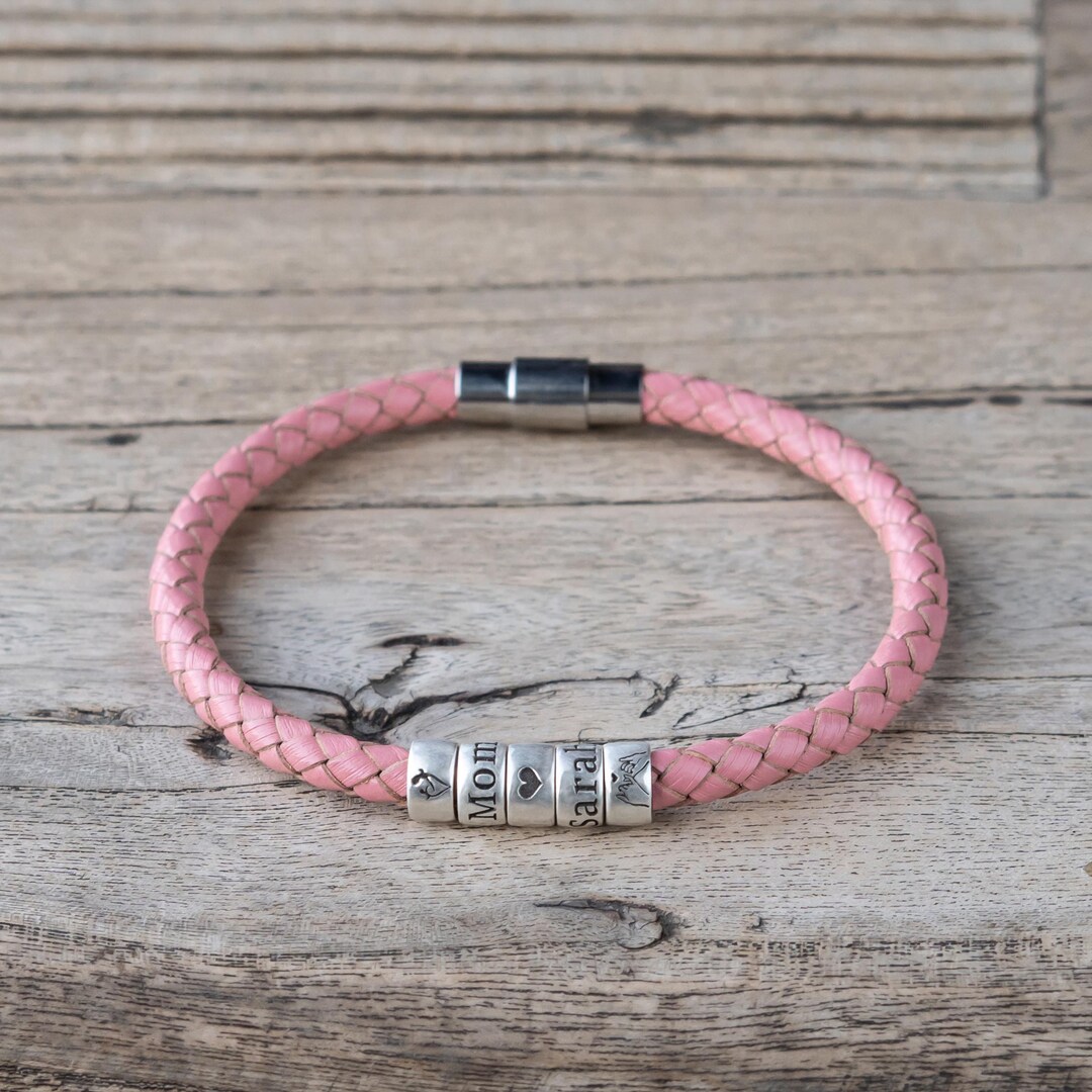 Personalized Leather Bracelet: Sterling Silver Beads, Custom Engraving ...