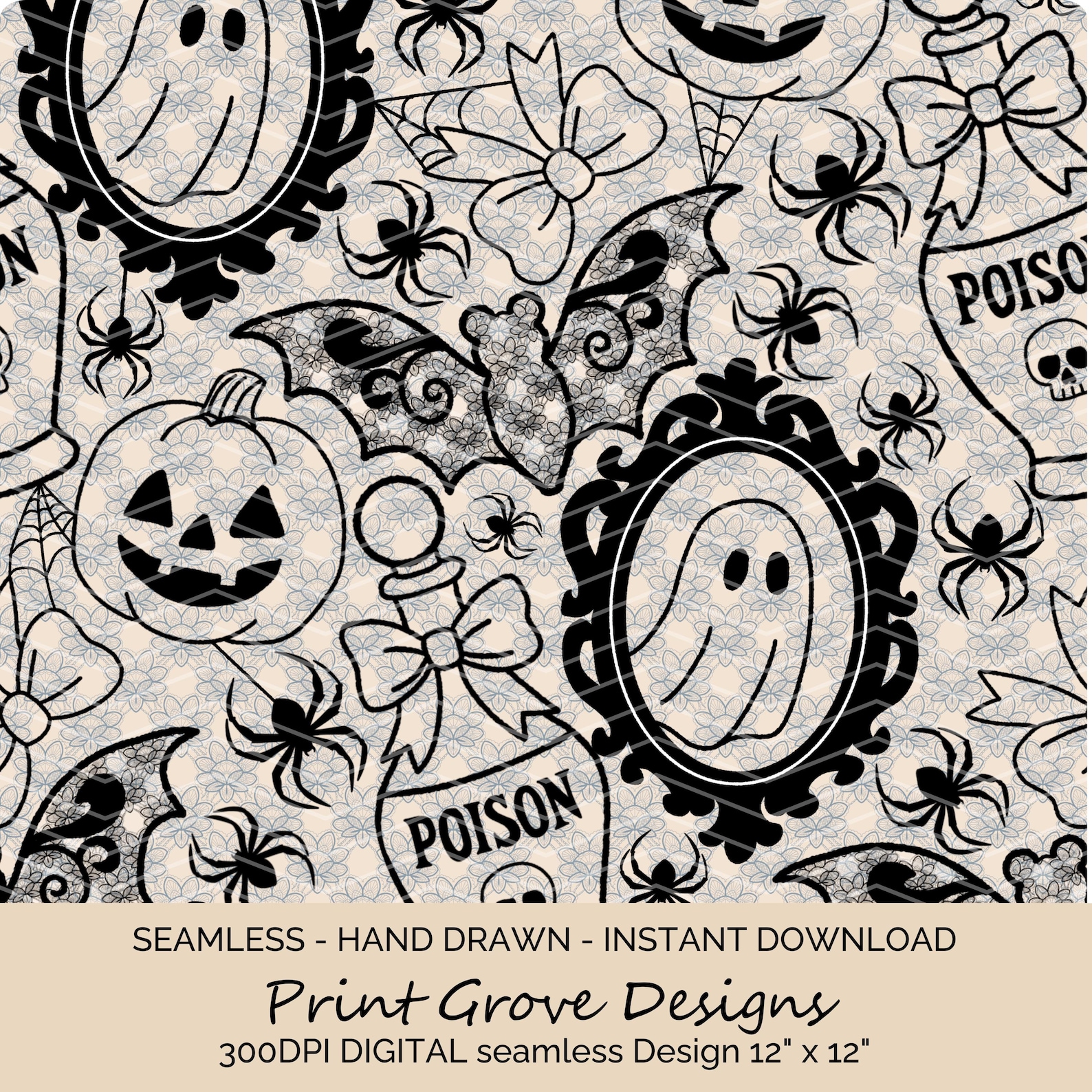 Spooky Lace Halloween Seamless Pattern: Ghosts, Bats, Pumpkins (PNG ...