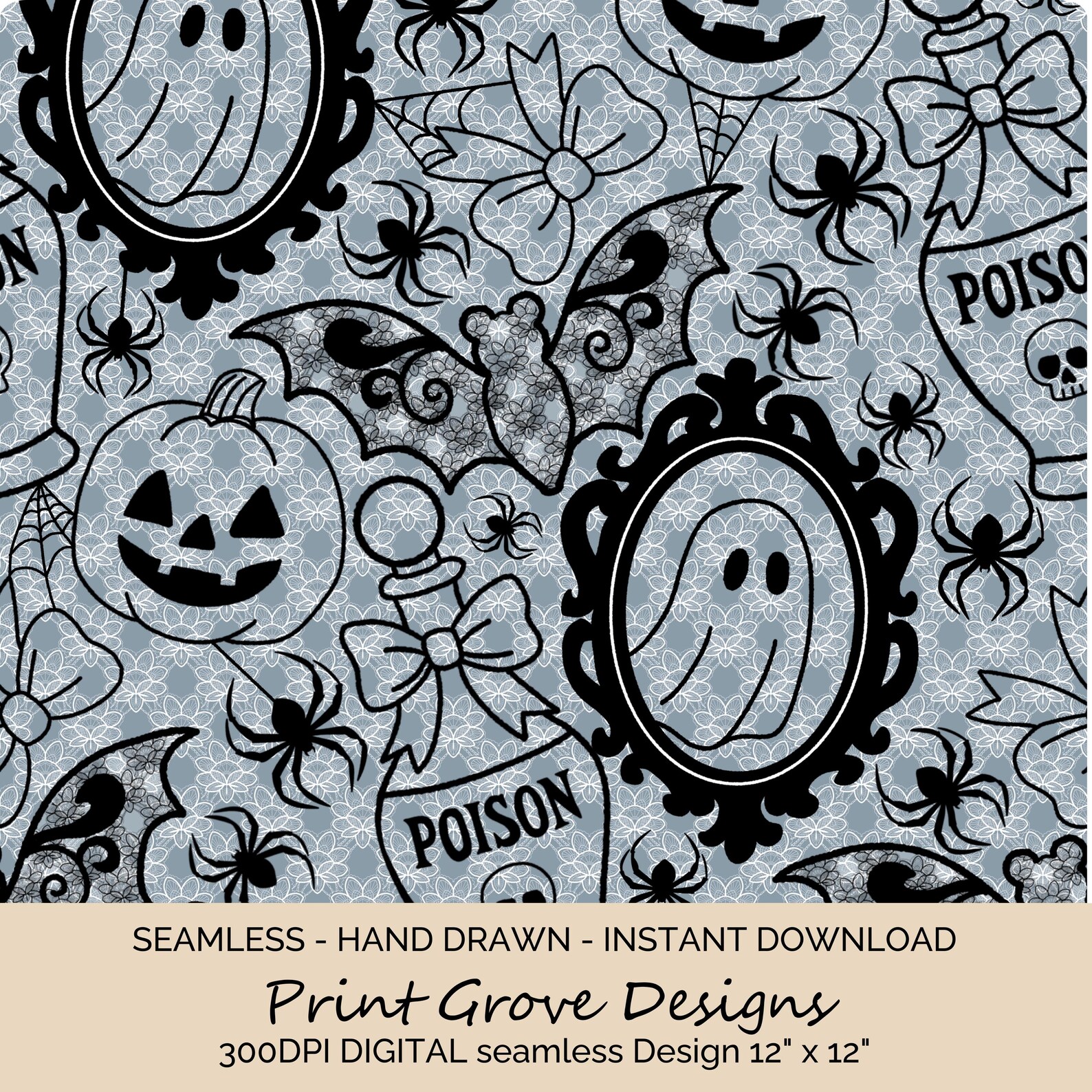 Spooky Lace Halloween Seamless Pattern: Ghosts, Bats, Pumpkins (PNG ...