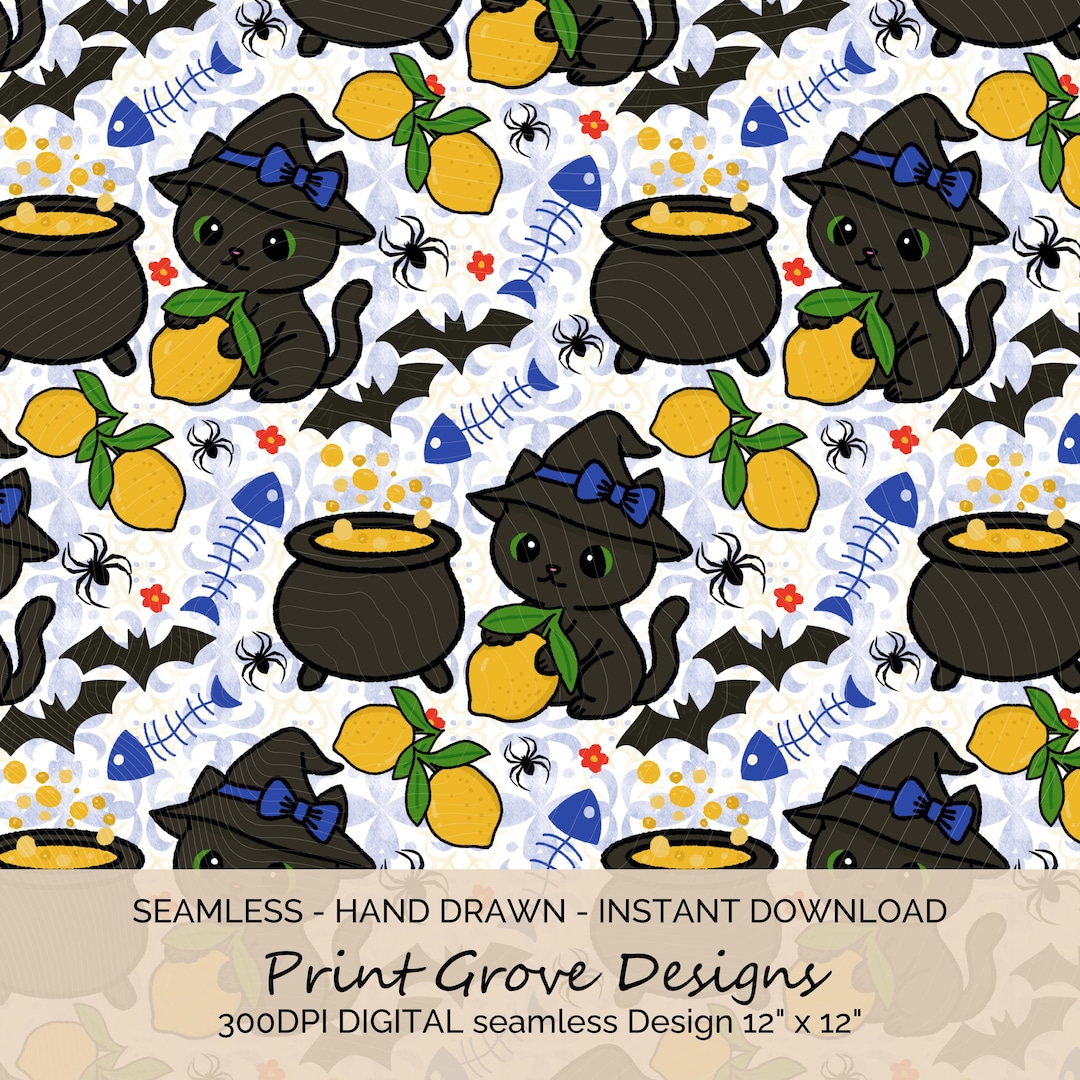 Halloween Black Cat Seamless Pattern: Spooky Amalfi Coast Digital Paper ...