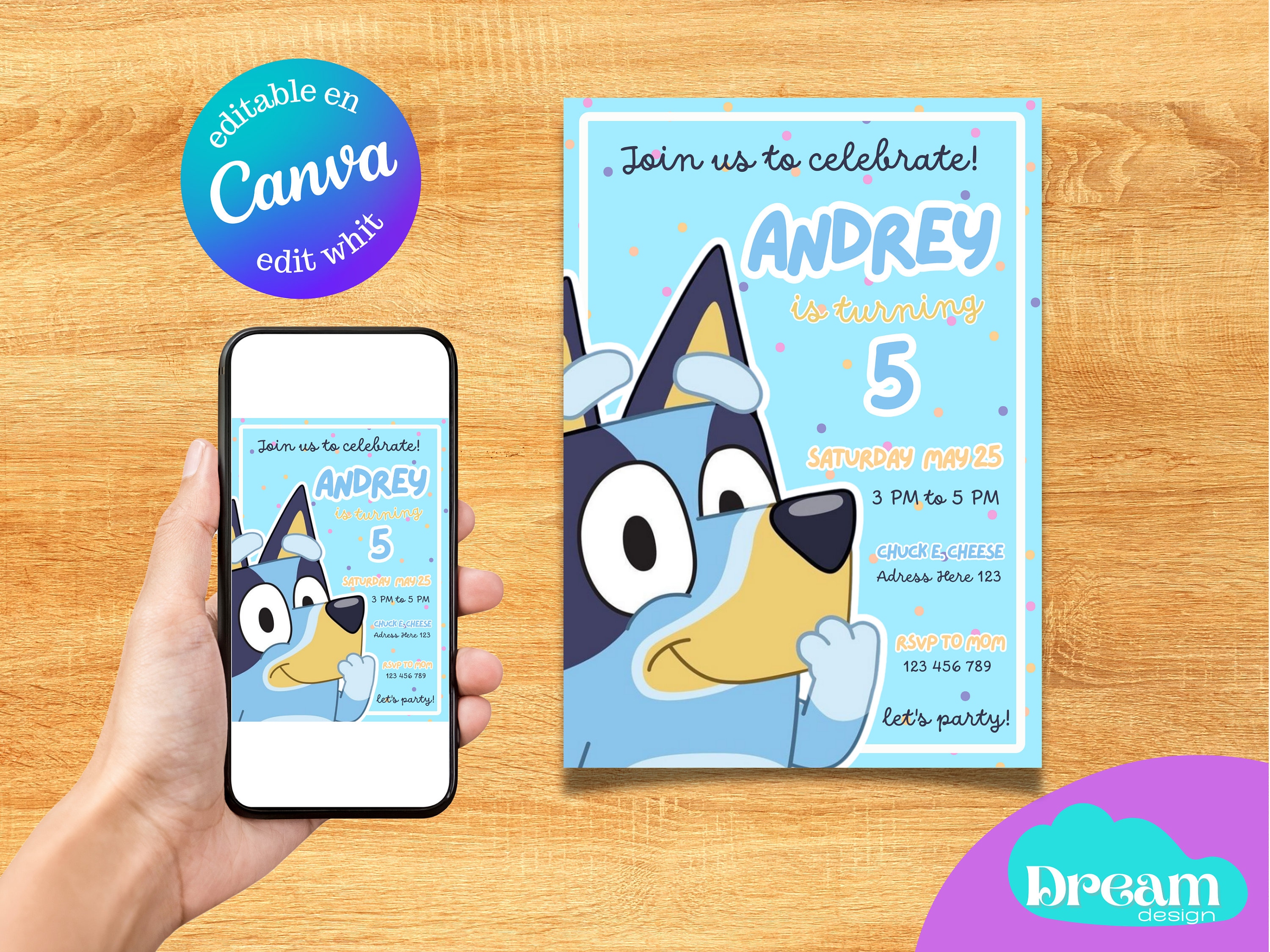 Plantilla original de invitación de cumpleaños Bluey editable en canva ...