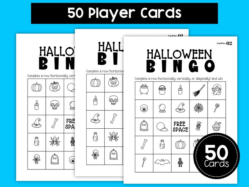 Halloween Bingo Game Cards, 50 Printable Cards, Instructions, Calling ...