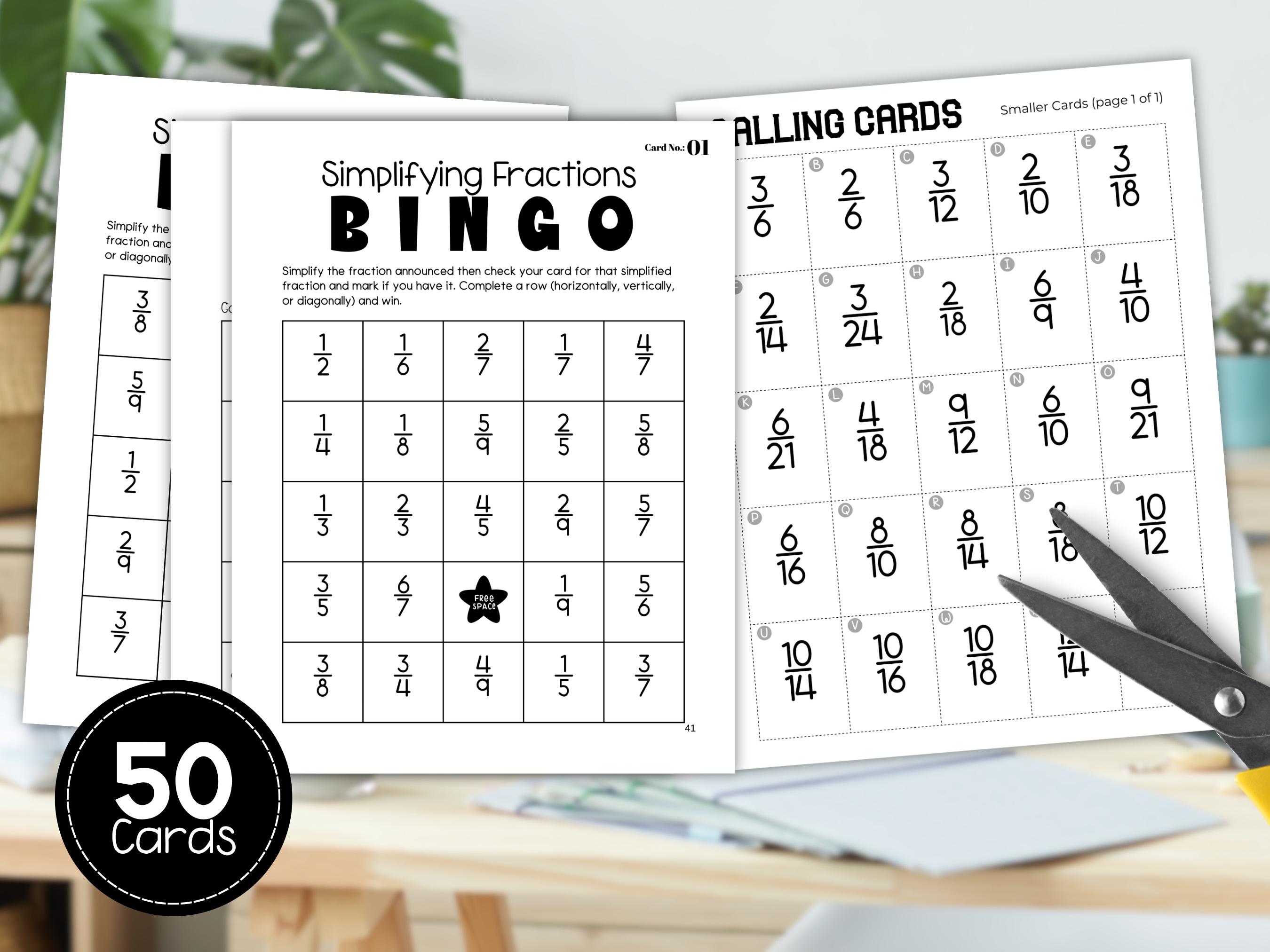 Simplifying Fractions Bingo Cards, Math Fraction Game Activity ...
