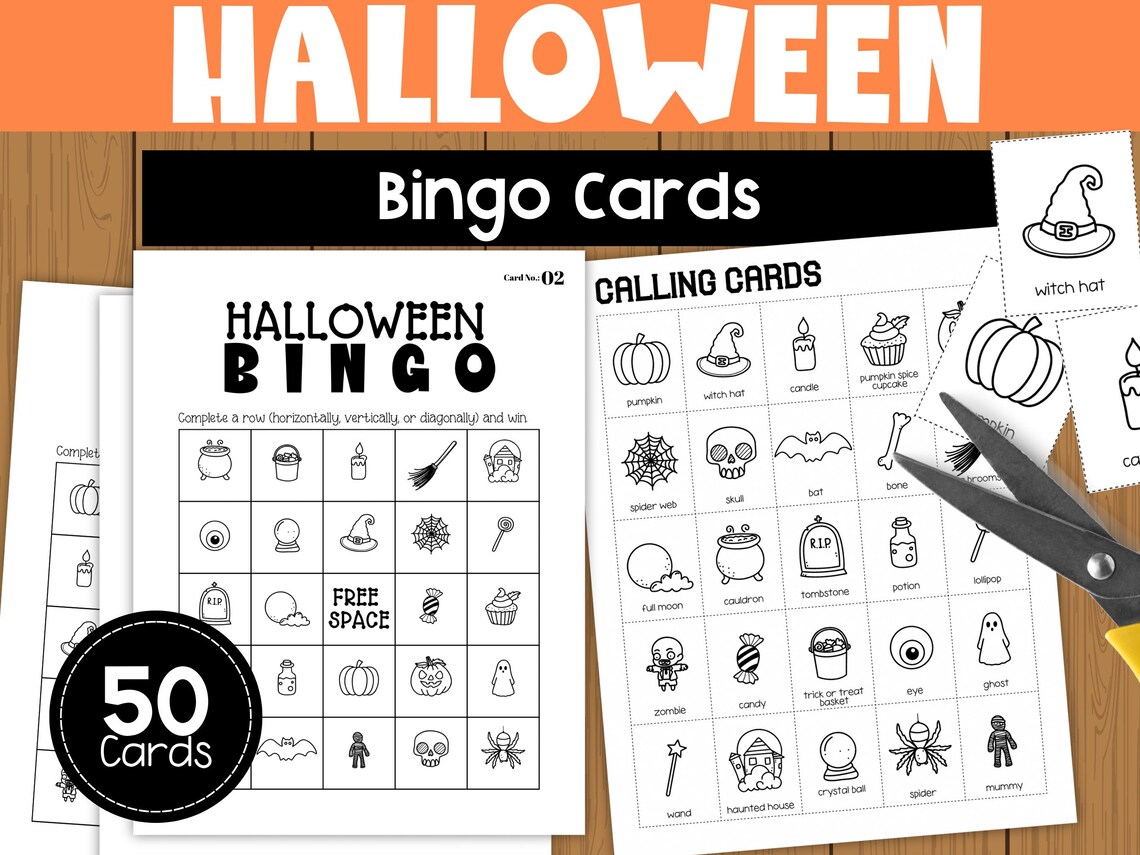 Halloween Bingo Game Cards, 50 Printable Cards, Instructions, Calling ...