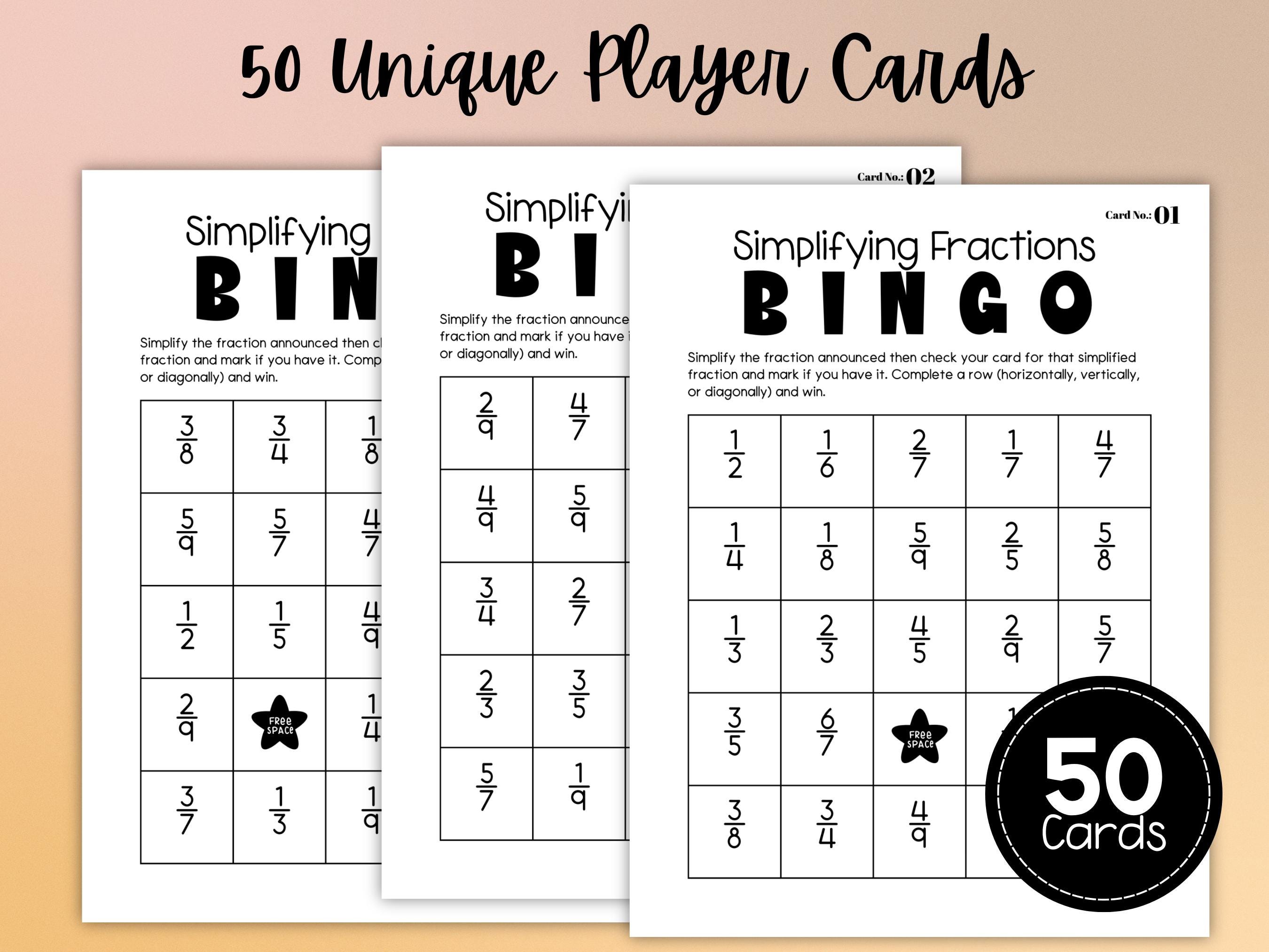 Simplifying Fractions Bingo Cards, Math Fraction Game Activity ...