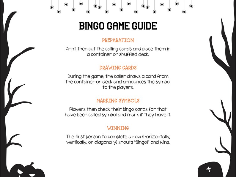 Halloween Bingo Game Cards, 50 Printable Cards, Instructions, Calling ...
