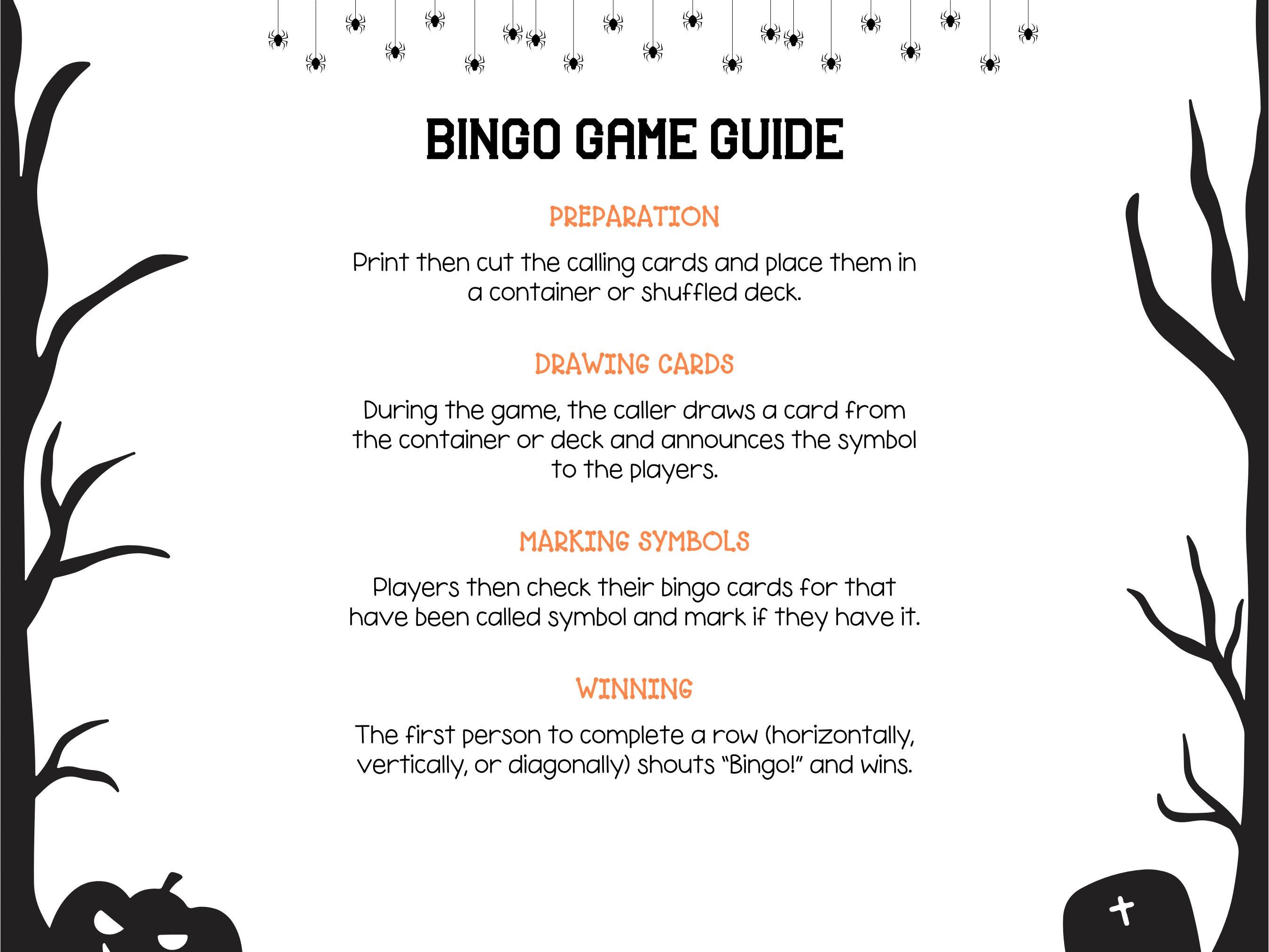 Halloween Bingo Game Cards, 50 Printable Cards, Instructions, Calling ...