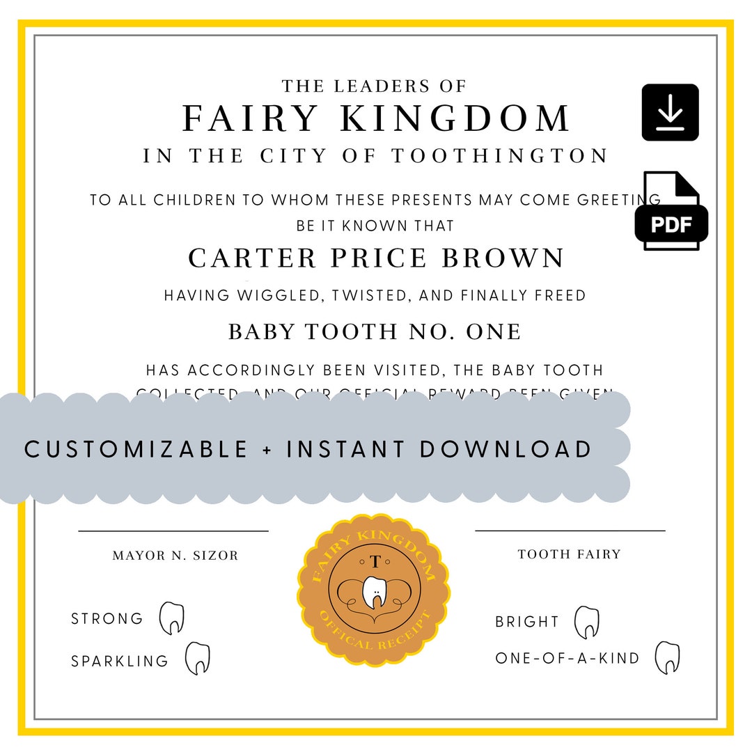 Custom Tooth Fairy Receipt Printable Certificate PDF Download Tooth ...