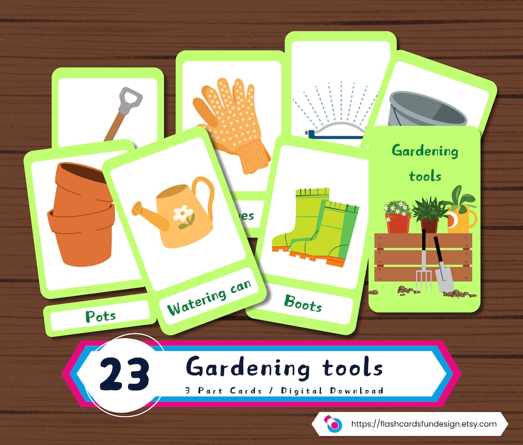 23 Gardening Tools, 3 part Flashcards Printable for Kids, Montessori ...