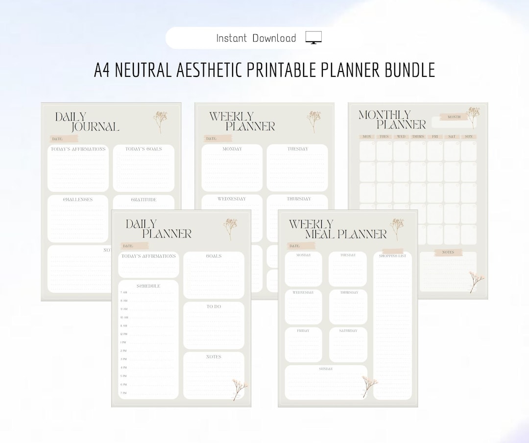 Printable Planner Bundle A4 Neutral Aesthetic, Daily Planner, Weekly ...