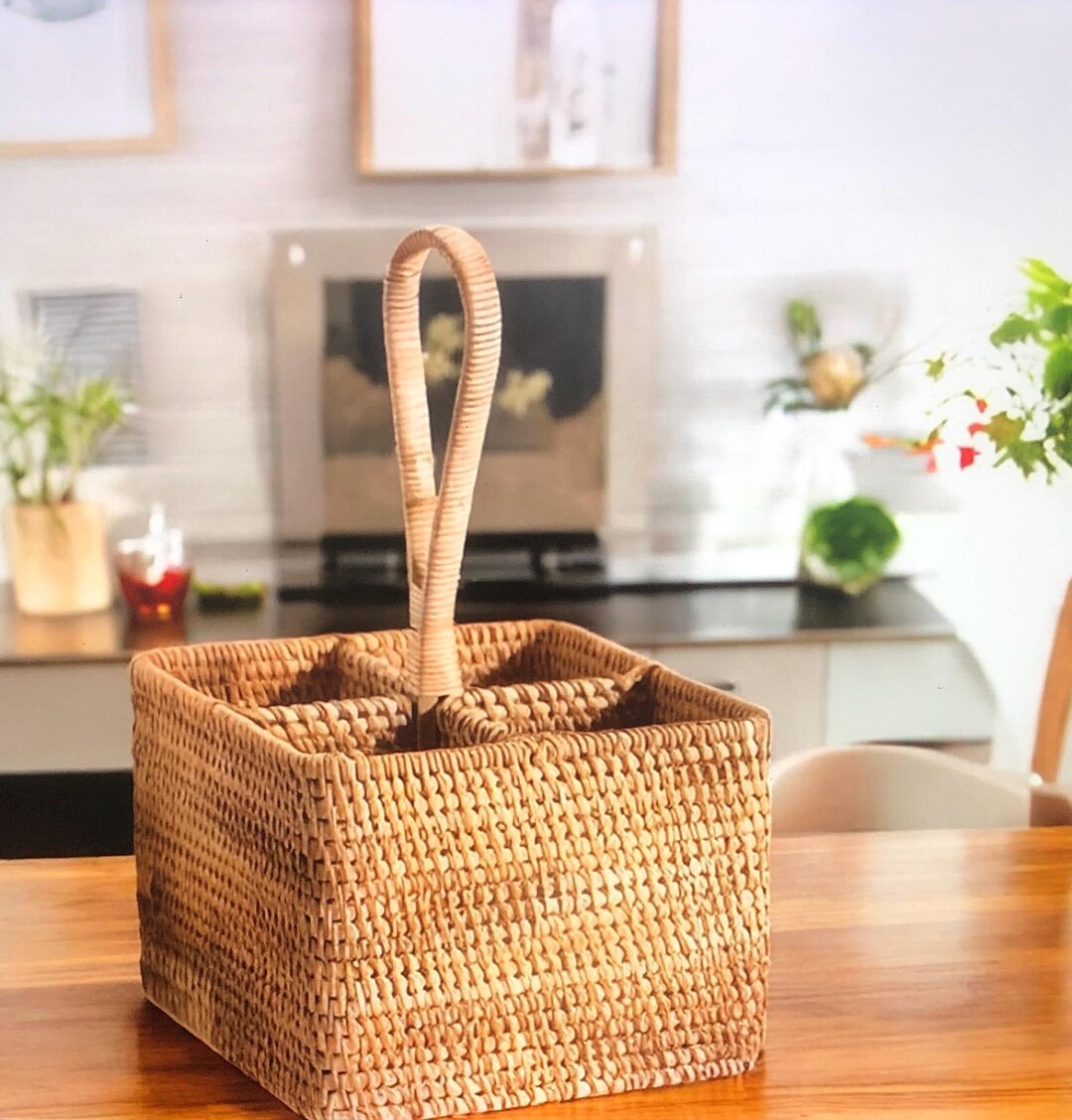 Natural Rattan Cutlery Caddy,square Round Woven Utensil Caddy Tableware ...
