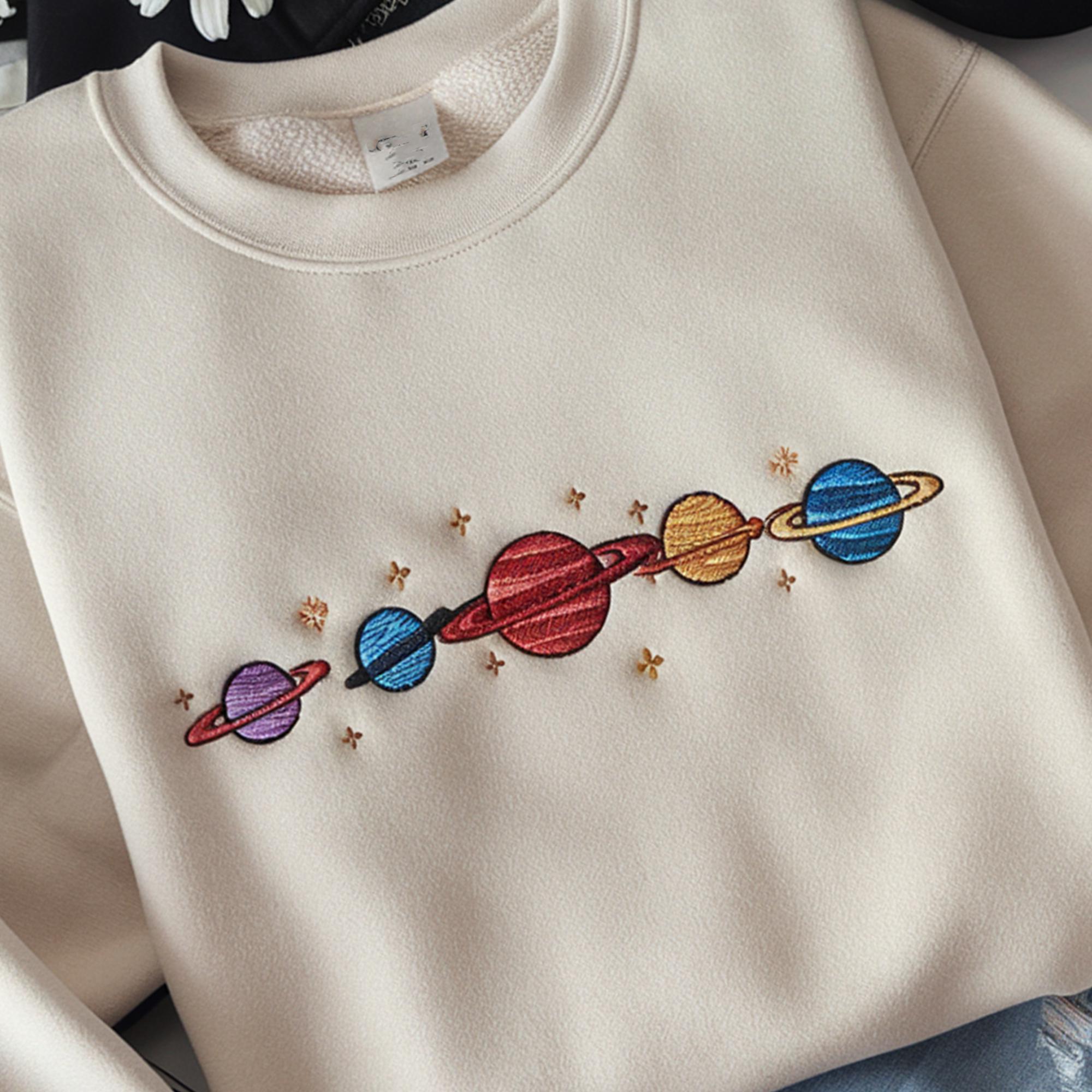 Planets Embroidered Sweatshirt, Space Embroidery Crewneck Sweater ...