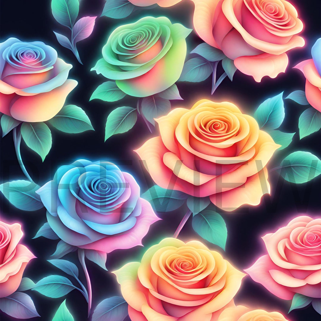 Digital Paper Neon Roses Seamless Patterns High Resolution Scrapbook ...
