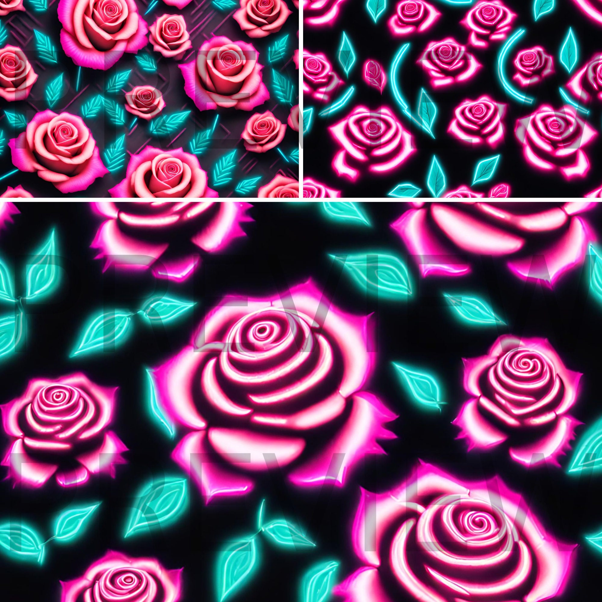 Digital Paper Neon Roses Seamless Patterns High Resolution Scrapbook ...