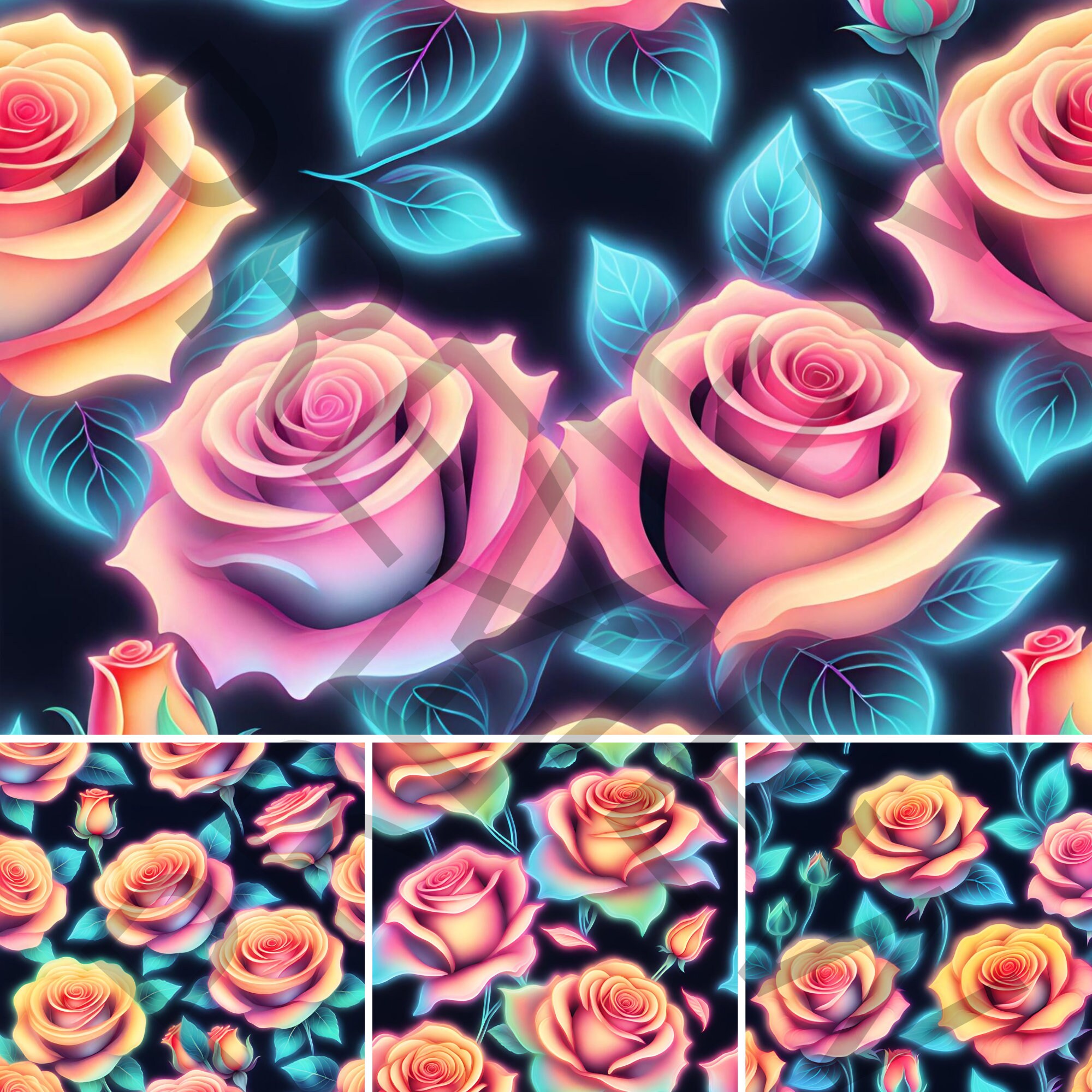 Digital Paper Neon Roses Seamless Patterns High Resolution Scrapbook ...