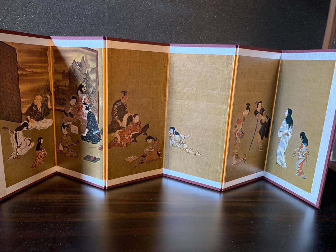 Antique Japanese Hikone Byoubu Mini Folding Screen Paper and Wooden ...