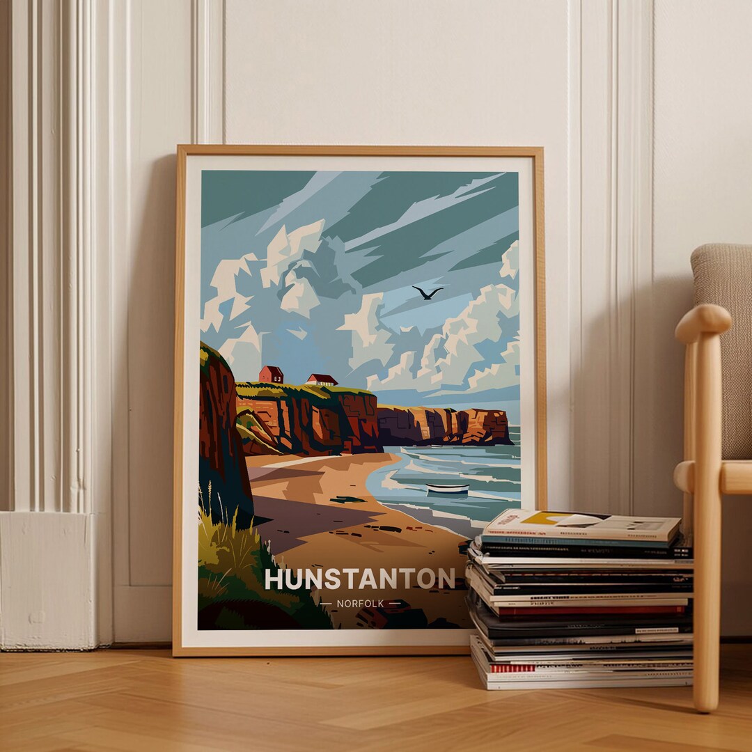 Hunstanton Cliffs Travel Poster, England Coastal Landscape Wall Art ...