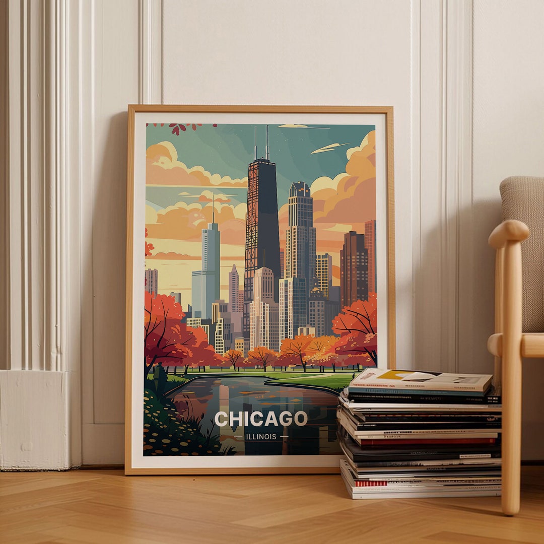 Chicago Skyline Travel Poster, Cityscape Wall Art, Unique Home Decor ...