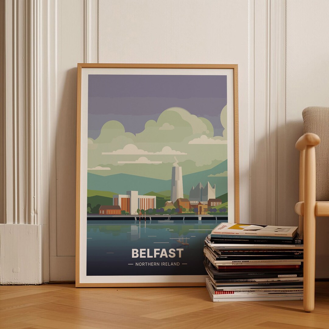 Belfast Travel Poster, Northern Ireland Landmarks Art, Harland Wolff Cranes, City Wall Decor ...