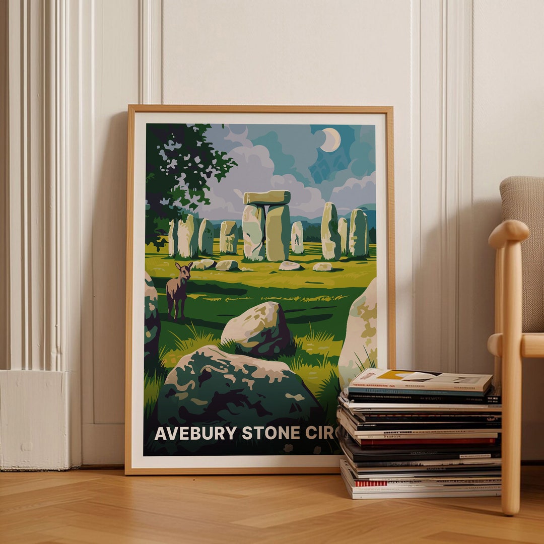 Avebury Stone Circle Travel Poster, Neolithic Monument Art, Retro Wall Decor, Wiltshire ...