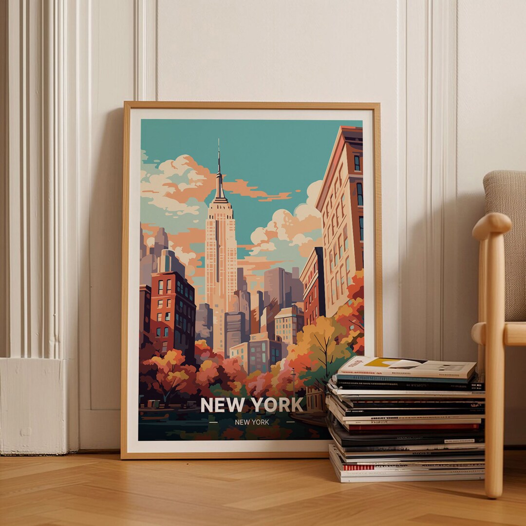 New York City Travel Poster, Retro Manhattan Wall Art, NYC Skyline ...