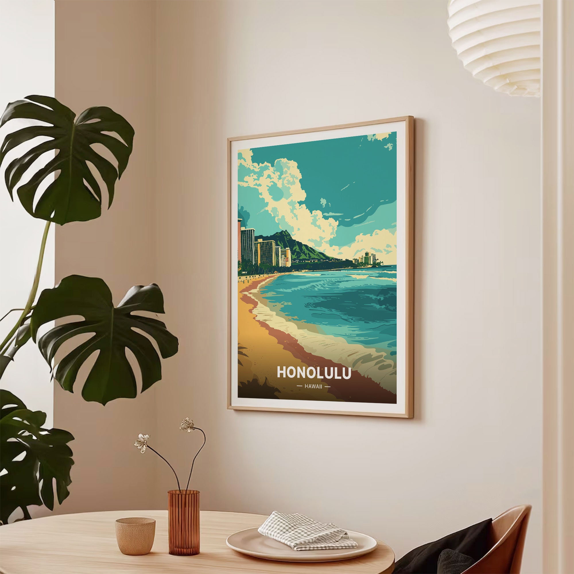 Waikiki Beach Poster, Honolulu Hawaii Travel Art, Diamond Head View ...