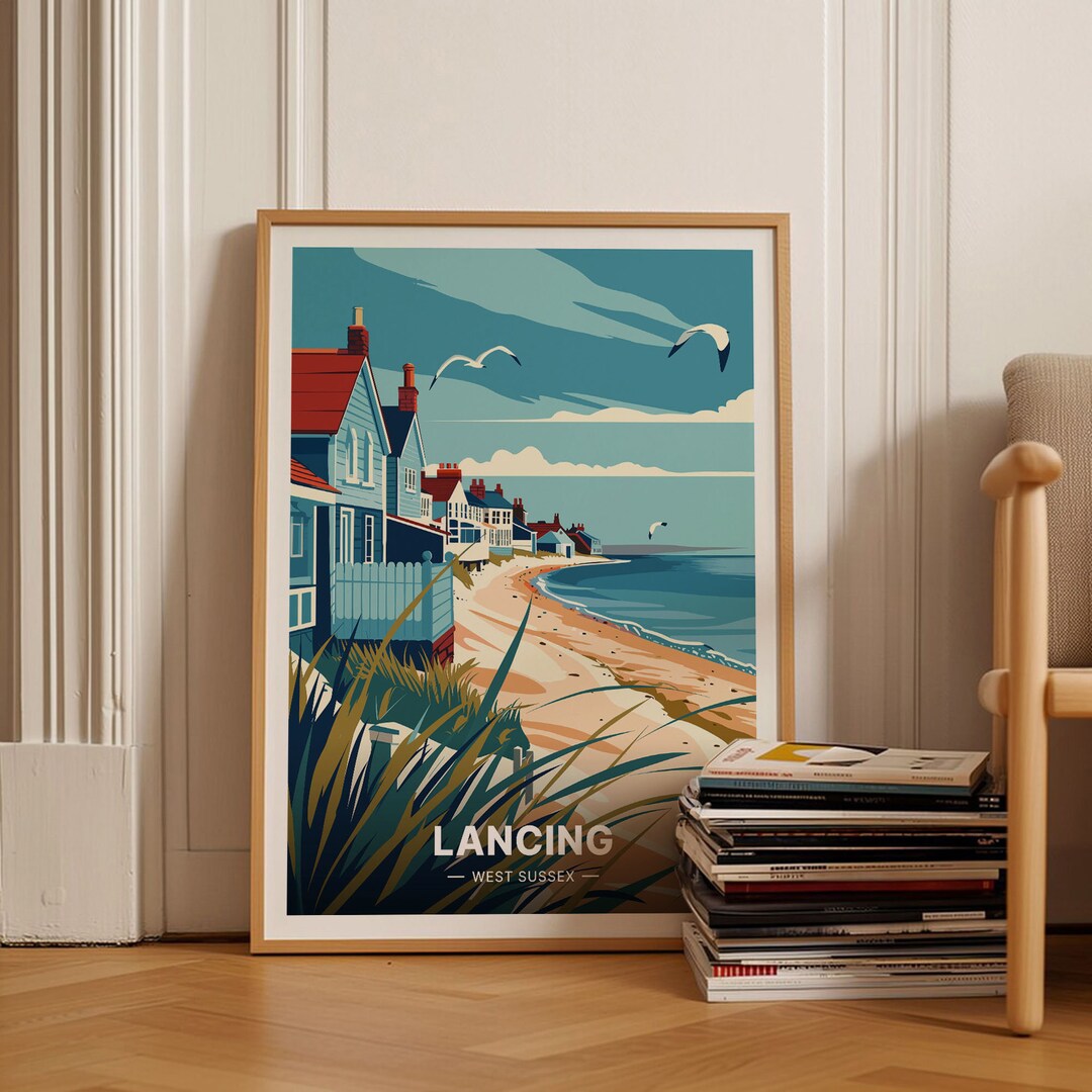 West Sussex Lancing Beach Travel Poster, Retro Seaside Kitesurfing Art ...