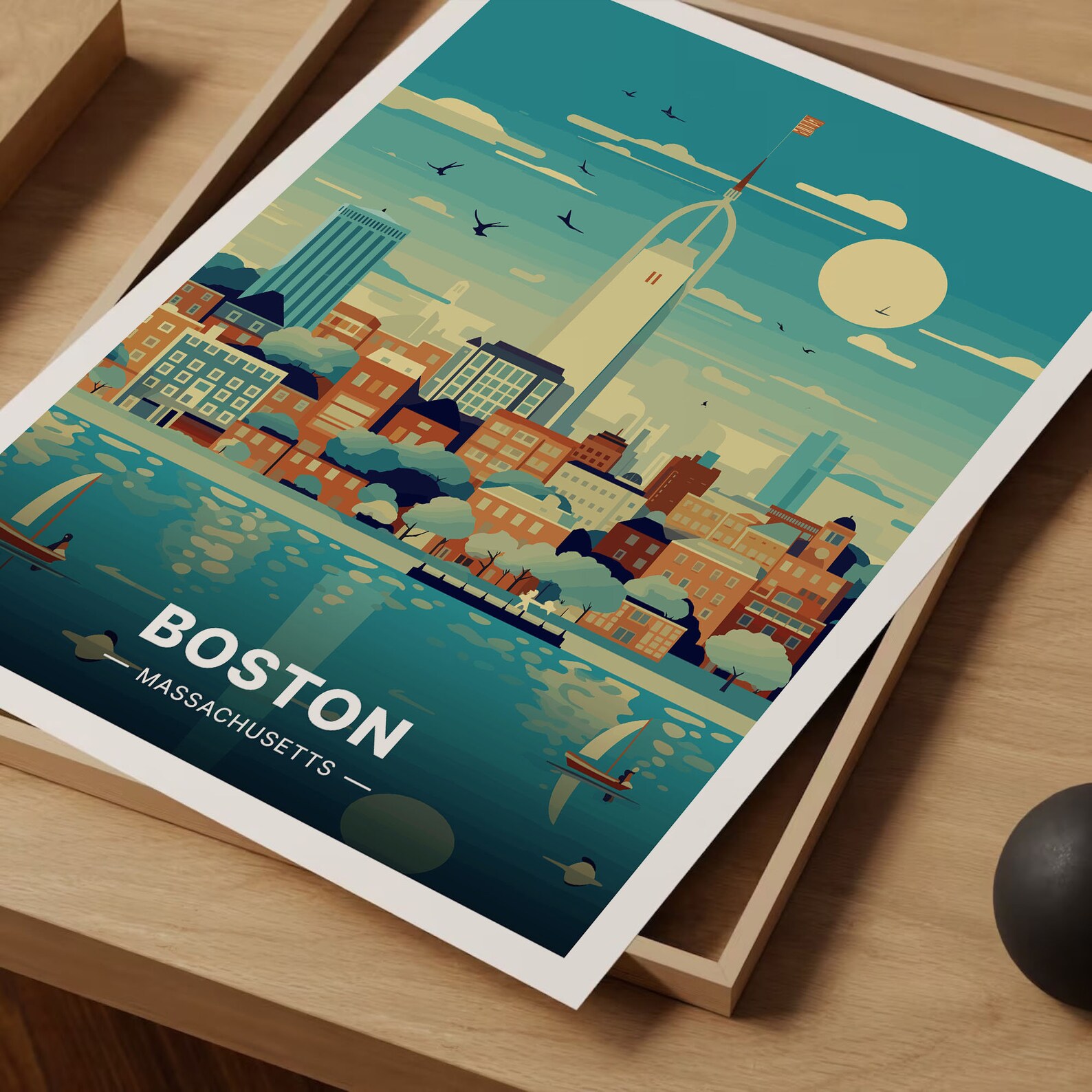 Boston Skyline Travel Poster, Massachusetts Cityscape Wall Art, Home ...
