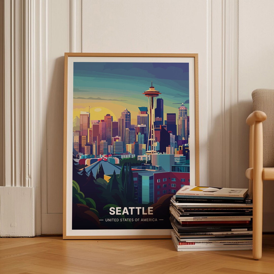 Seattle Skyline Travel Poster, Washington Cityscape Wall Decor, Office ...