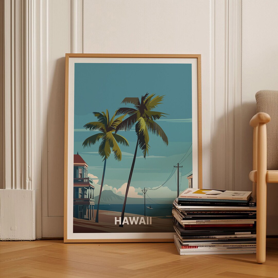 Hawaii Beach Poster, Tropical Palm Tree Travel Art, Coastal Wall Decor ...