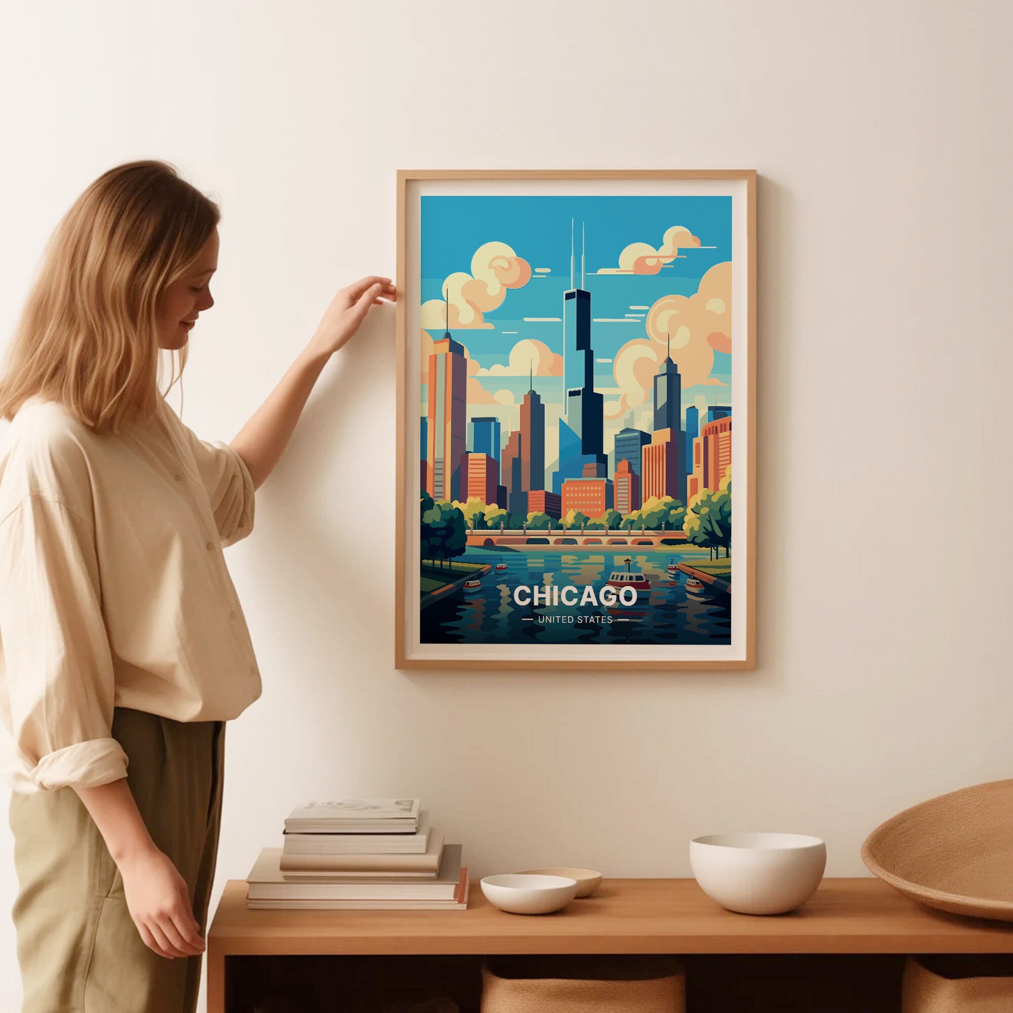 Chicago Skyline Poster, Travel Inspired Wall Art, Illinois Cityscape ...