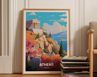 Athens Acropolis Greece Print Poster Travel Artwork Retro Vintage Wall ...
