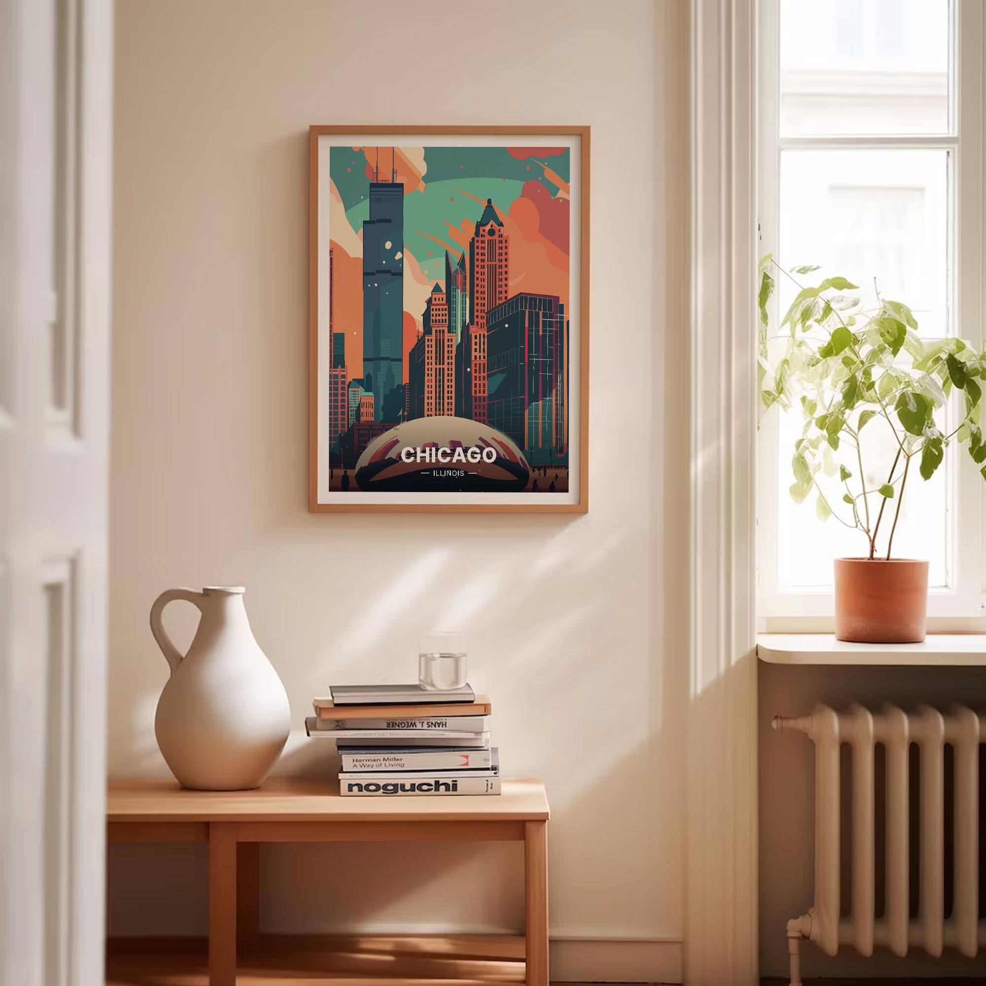 Chicago Skyline Travel Poster, Retro Illinois City Art, Mid-century ...