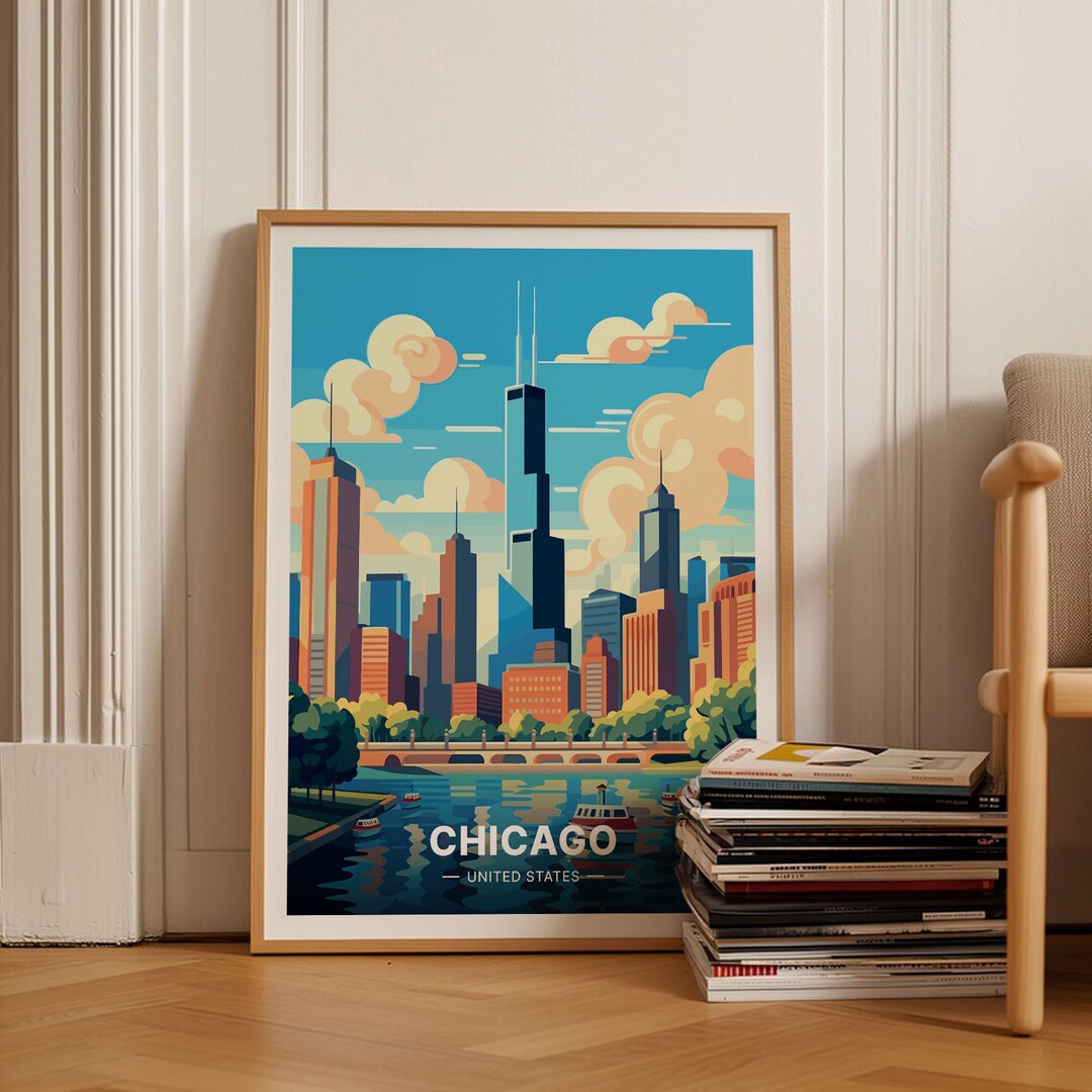 Chicago Skyline Poster, Travel Inspired Wall Art, Illinois Cityscape ...