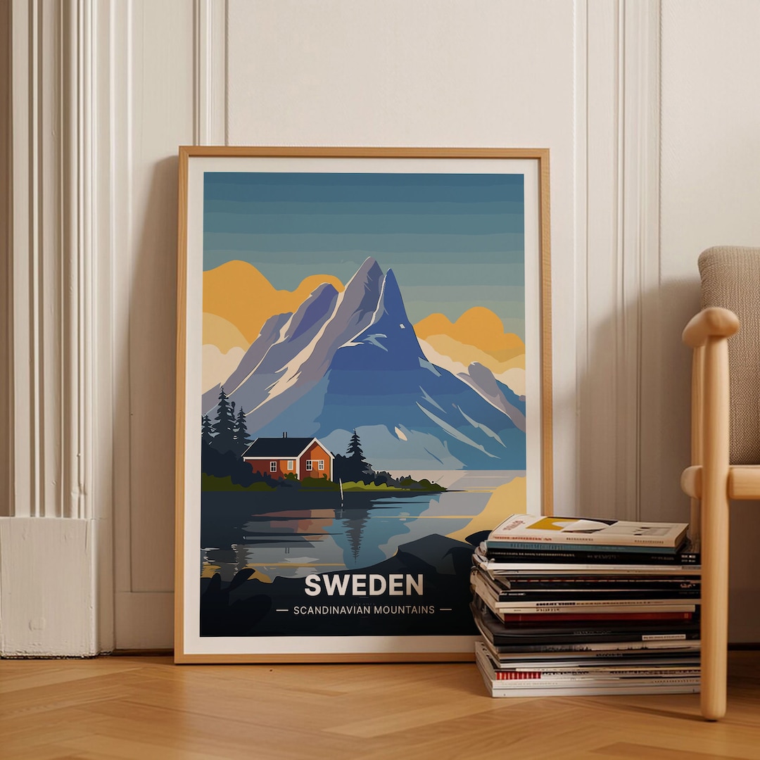 Sweden Travel Poster, Scandinavian Mountains Art, Stockholm Wall Decor ...