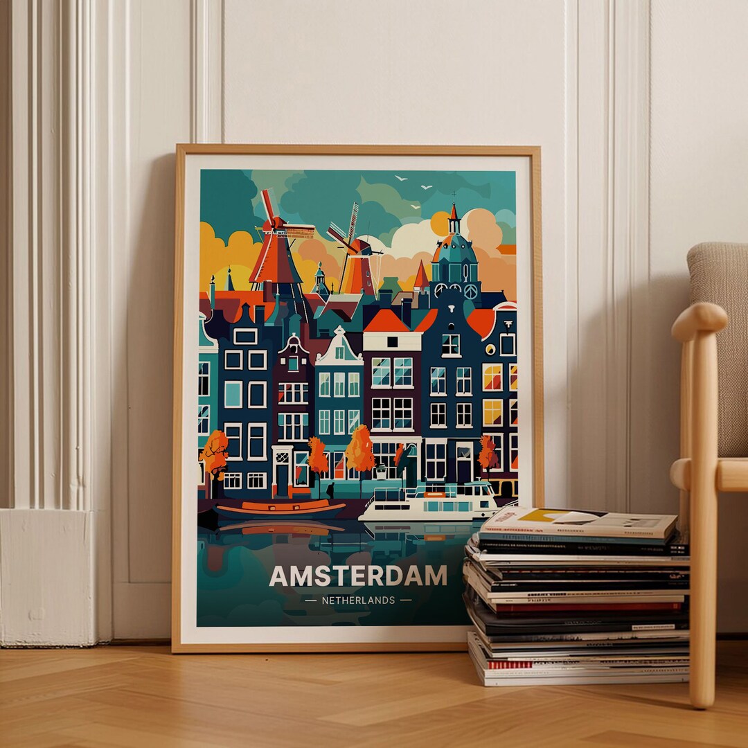 Amsterdam Travel Poster, Netherlands Landscape Art, Holland Cityscape ...