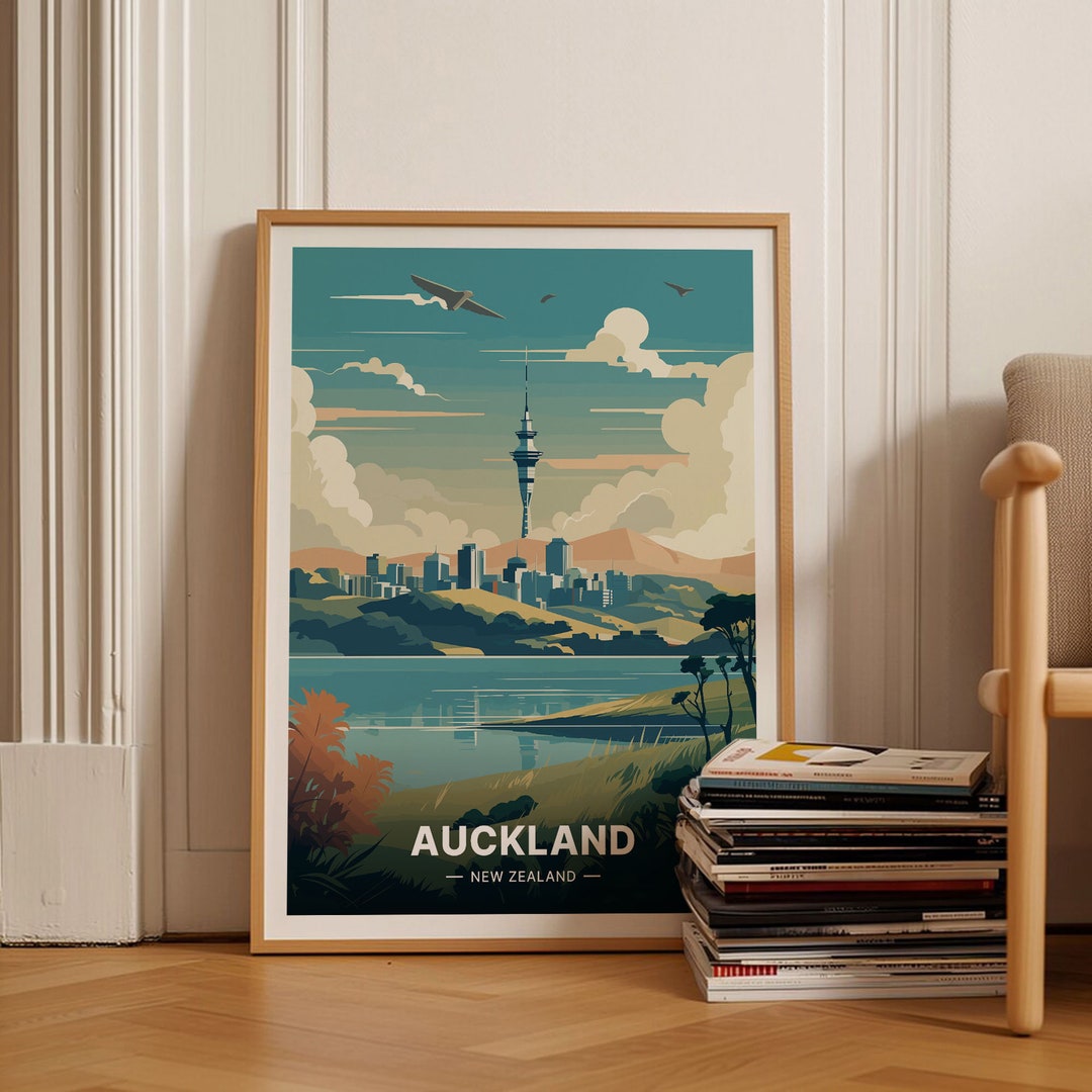 Auckland Skyline, New Zealand Travel Poster, Evening Cityscape Art ...
