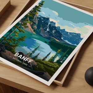 Banff National Park Travel Poster, Canadian Rockies Wall Art, Alberta Canada Adventure Decor ...
