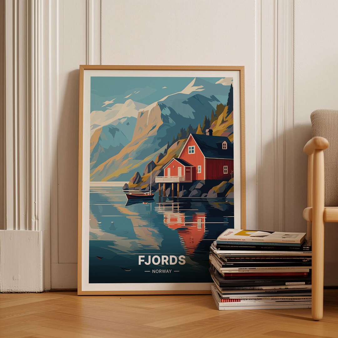 Norwegian Fjords Travel Poster, Scenic Norway Landscape Art, Perfect ...