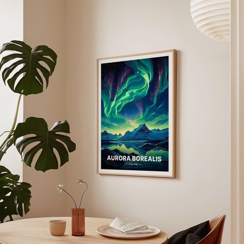 Aurora Borealis Poster, Northern Lights Travel Art, Iceland Wall Decor ...