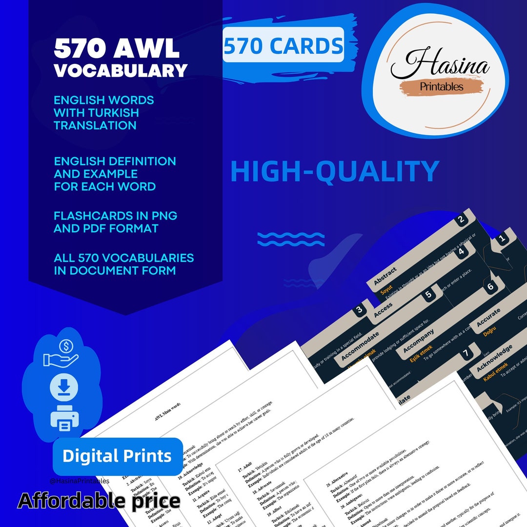 English Vocabulary Flashcards Academic Word List English to Turkish ...