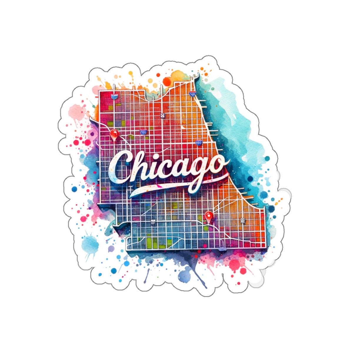 Chicago Map Sticker Chicago Map Watercolour Chicago Map Sticker Chicago ...