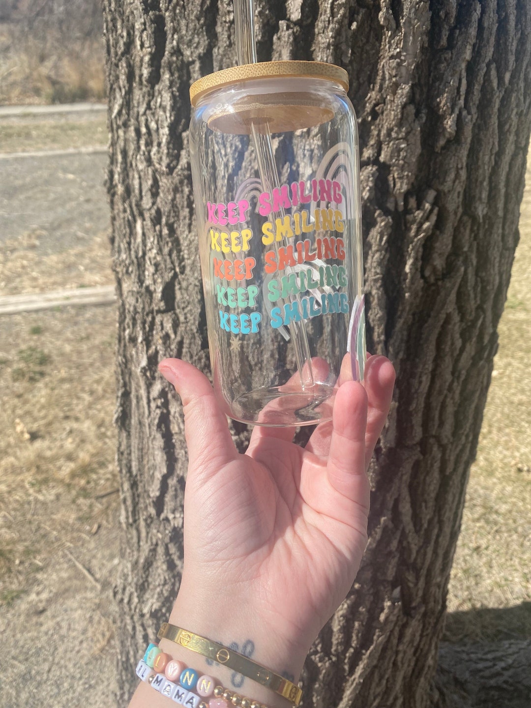 16oz Keep Smiling Rainbow Glass Cup - Etsy